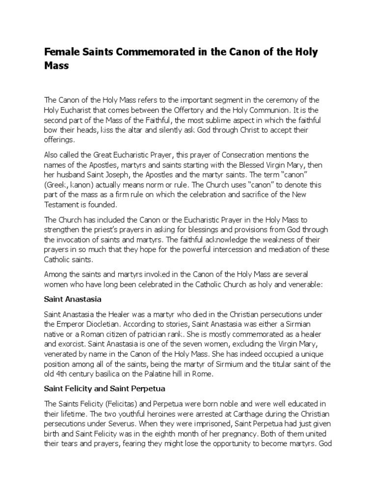 Female Saints Commemorated in The Canon of The Holy Mass | PDF | Saint ...