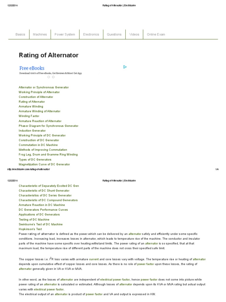 Rating of Alternator - Electrical4u | PDF | Electric Generator ...