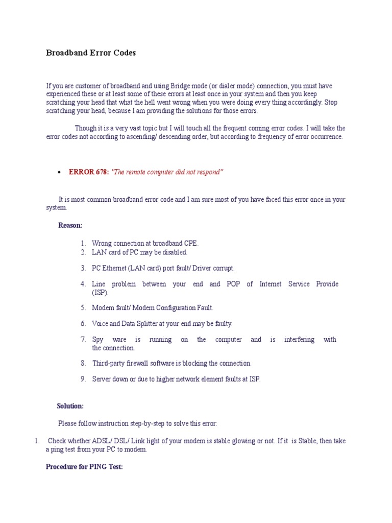 Broadband Error Codes | PDF | Modem | Internet Access