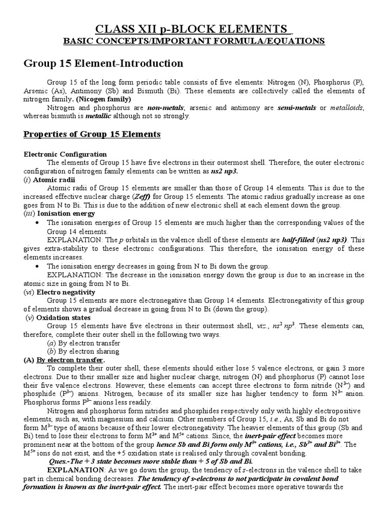 Basic Concepts P-Block Class 12 | PDF | Covalent Bond | Sulfuric Acid