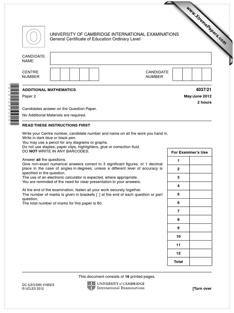 IGCSE Additional Mathematics Paper 2 Version 1 Summer 2012 | PDF ...