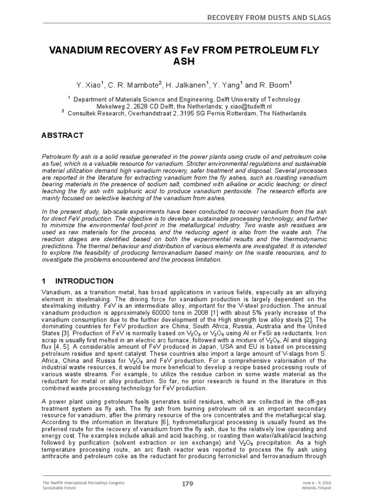Vanadium Recovery As Fev From Petroleum Fly ASH: Y. Xiao, C. R. Mambote ...