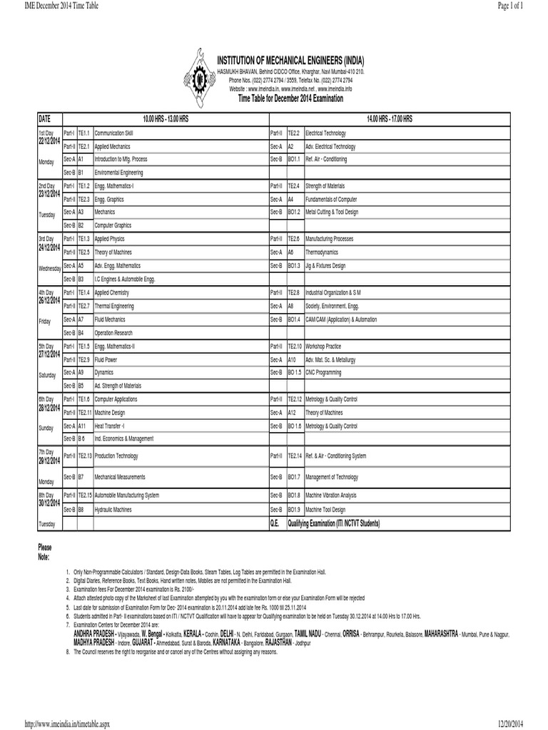 IME Dec 2014 exam timetable | PDF | Machines | Mechanical Engineering