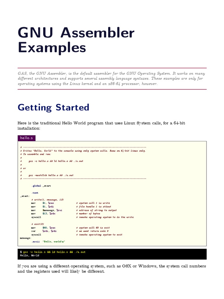 GNU Assembler Examples | PDF | C (Programming Language) | 64 Bit Computing