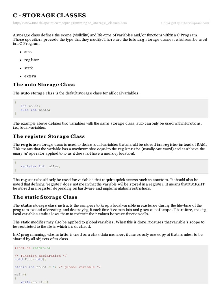 Storage Classes in C | PDF | Teaching Methods & Materials | Technology ...