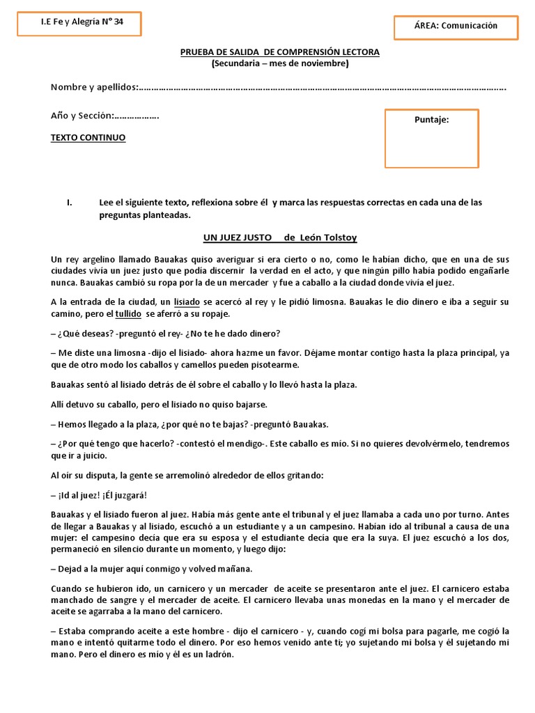 Prueba de Comprensión Lectora | PDF | Mentira | VIH / SIDA