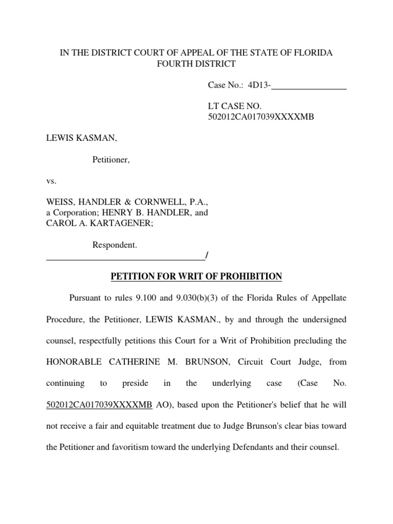 Prohibition Writ Petition by Lewis Kasman | PDF | Writ Of Prohibition ...