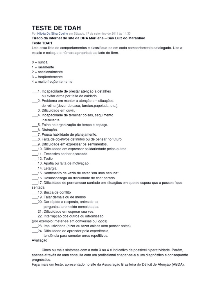Teste de Tdah | Transtorno de Déficit de Atenção e Hiperatividade ...