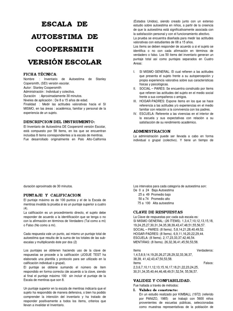 Escala de Autoestima Coopersmith Escolar | PDF | Autoestima | Validez ...