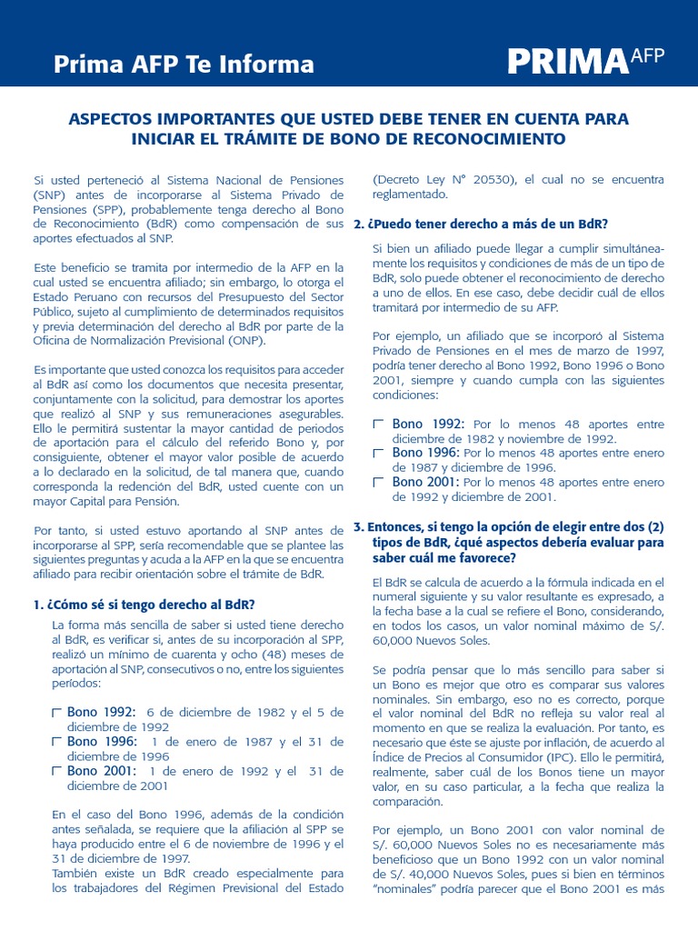 Bono de Reconocimiento Afp Prima | PDF | Pensión | Inflación