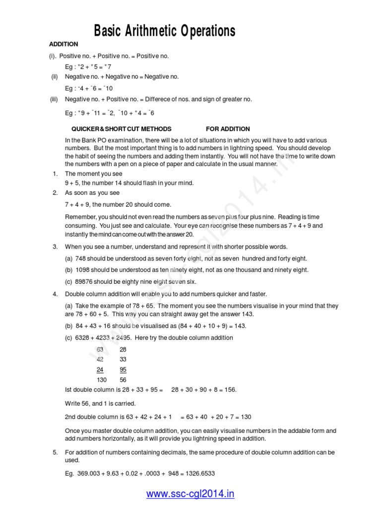 Basic Arithmetic Operations Short Cuts Pdf Subtraction Number Theory 