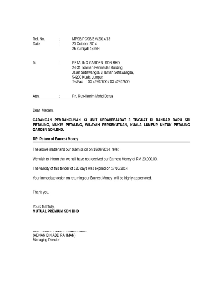 Sample@Letter of Return Earnest Money | PDF