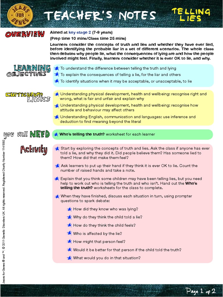 Telling Lies Notes and Worksheet | PDF | Lie | Truth