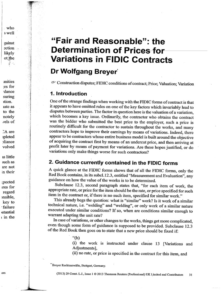 Variation Difficulties in The FIDIC | PDF
