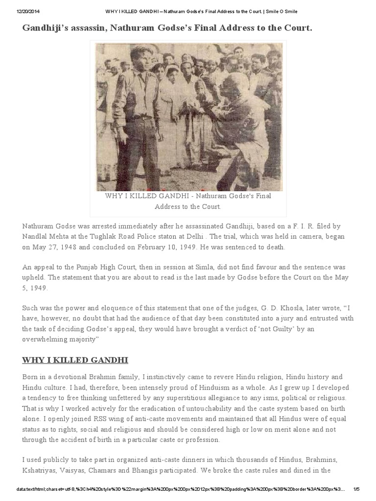 WHY I KILLED GANDHI – Nathuram Godse's Final Address to the Court ...