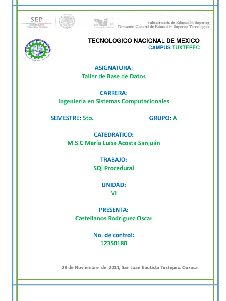 Taller de Base de Datos, 6ta Unidad | PDF | SQL | Modelo relacional