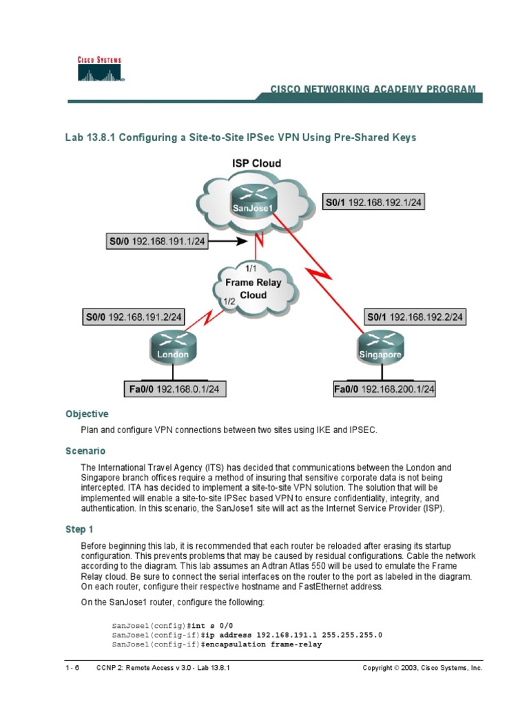 Lab 13.8.1 Configuring A Site-To-Site Ipsec VPN Using Pre-Shared Keys | PDF | Virtual Private ...