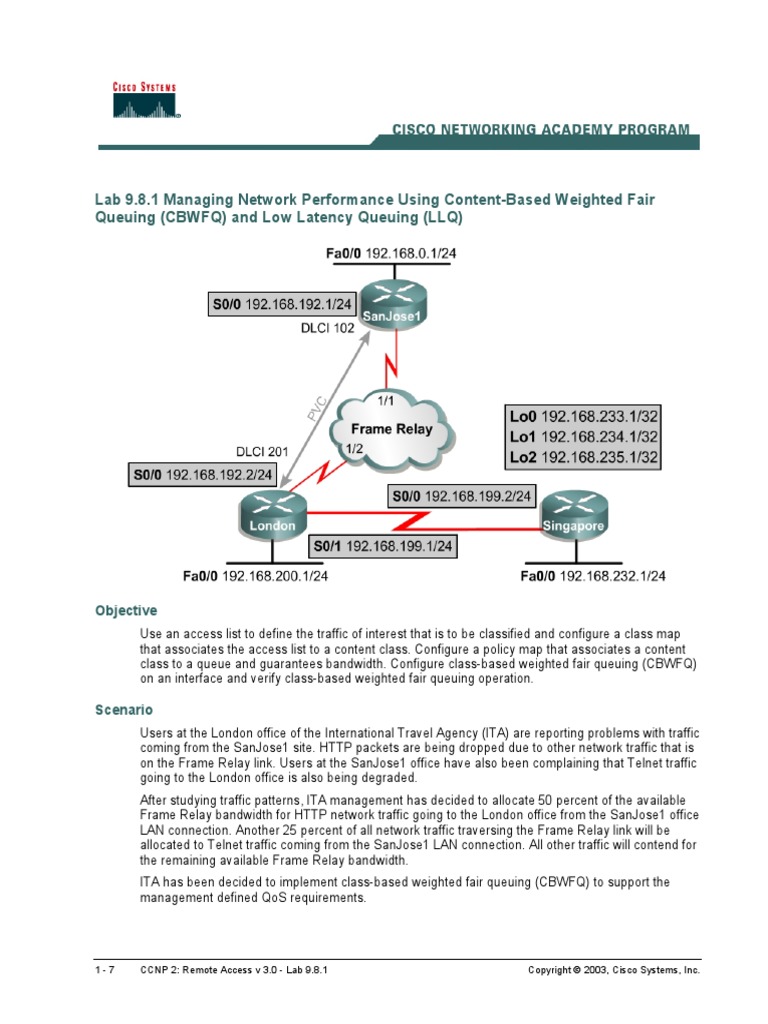 Lab 9.8.1 Managing Network Performance Using Content-Based Weighted Fair Queuing (CBWFQ) and Low ...