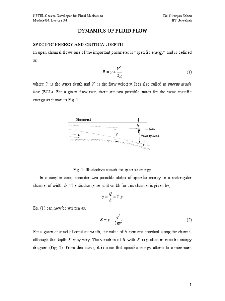 Dymamics of Fluid Flow: Specific Energy and Critical Depth | PDF ...