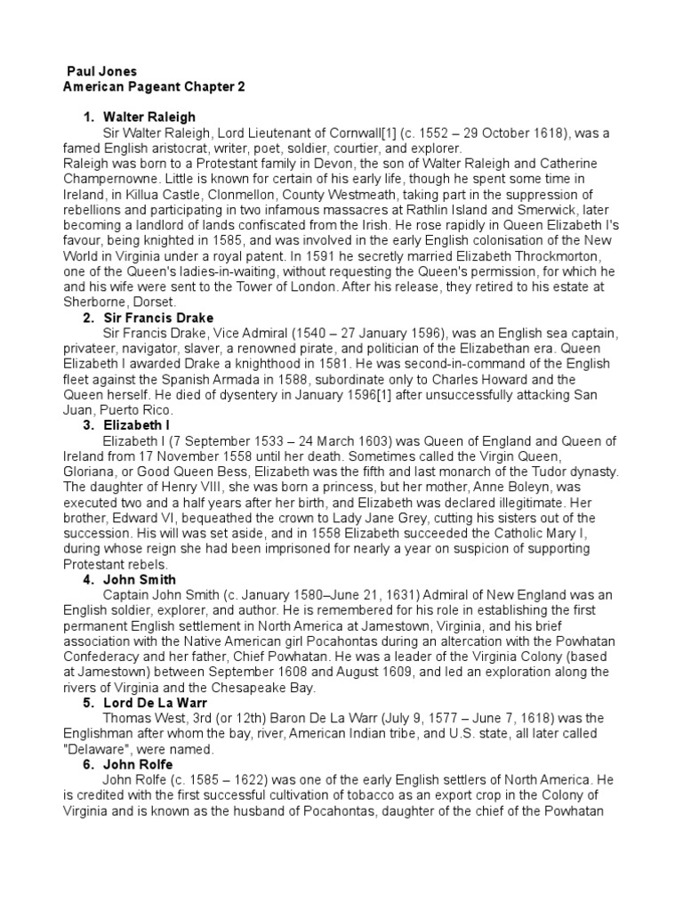 Paul Jones American Pageant Chapter 2 1. Walter Raleigh | PDF ...