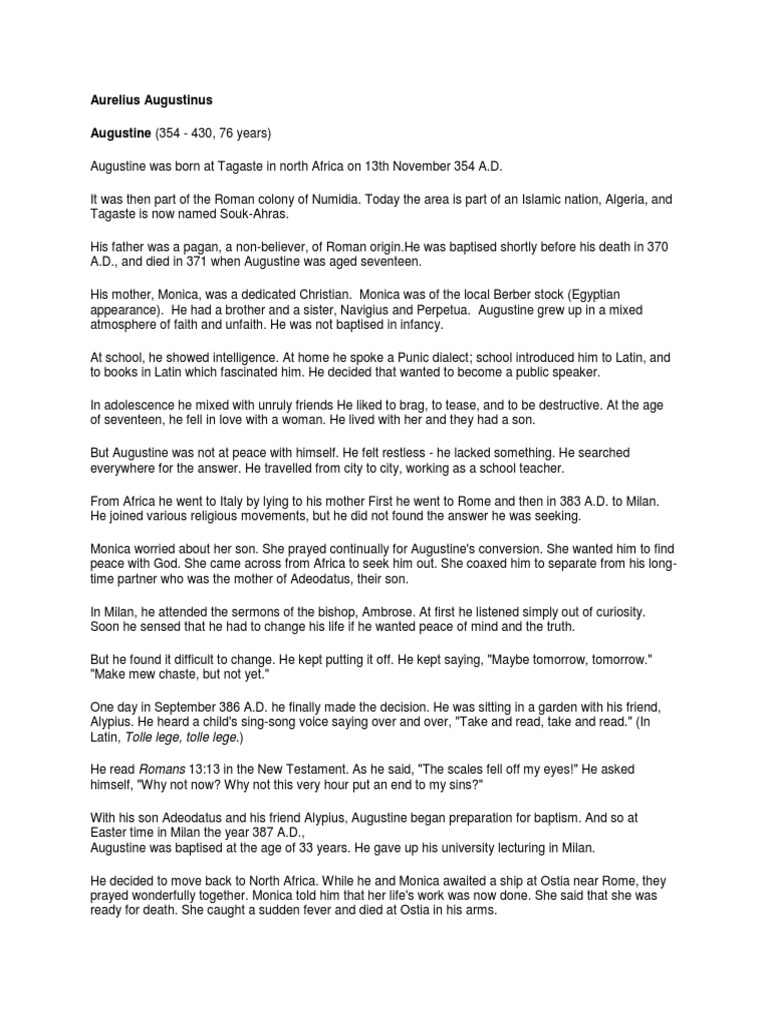 Aurelius Augustinus Augustine (354 - 430, 76 Years) | PDF | Augustine ...
