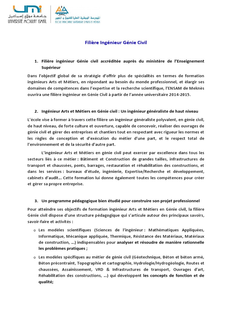Filière Ingénieur en Génie Civil à l'ENSAM | PDF | Ingénieur | Pédagogie