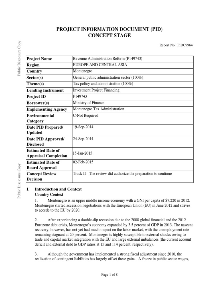 Project Information Document (Pid) Concept Stage: Report No.: PIDC9964 | PDF | Taxes | European ...