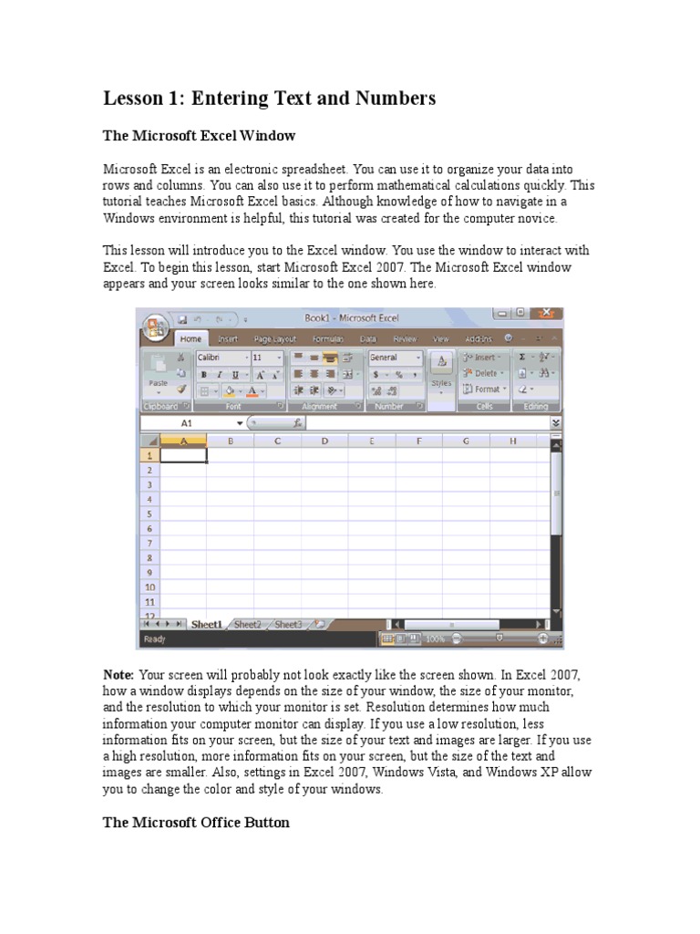 Excel 2007 Lesson 1 | PDF | Microsoft Excel | Computer Monitor
