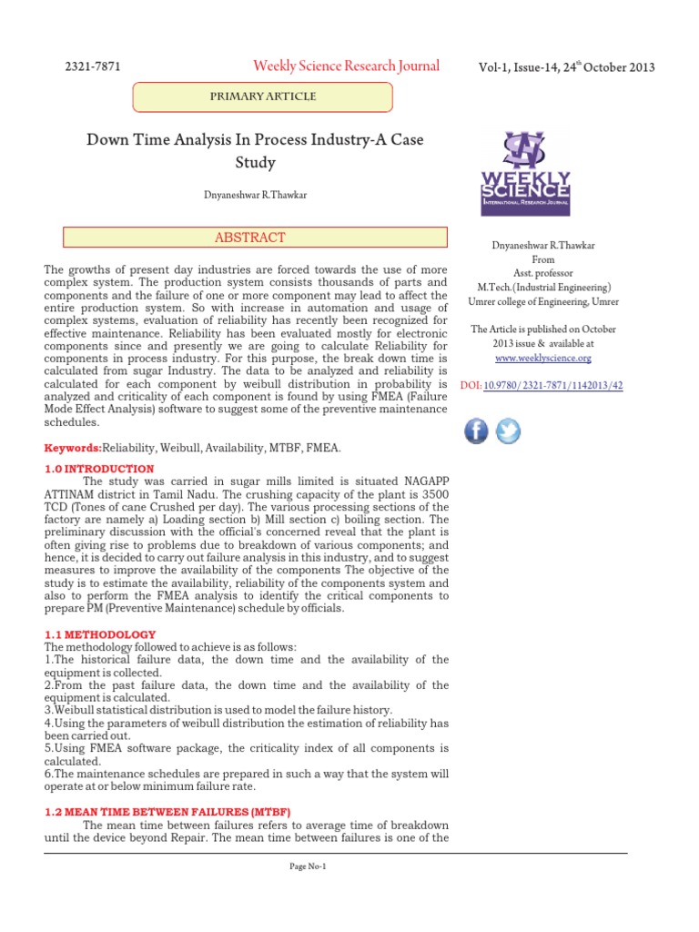 Downtime Analysis in Sugar Industry | PDF | Reliability Engineering ...