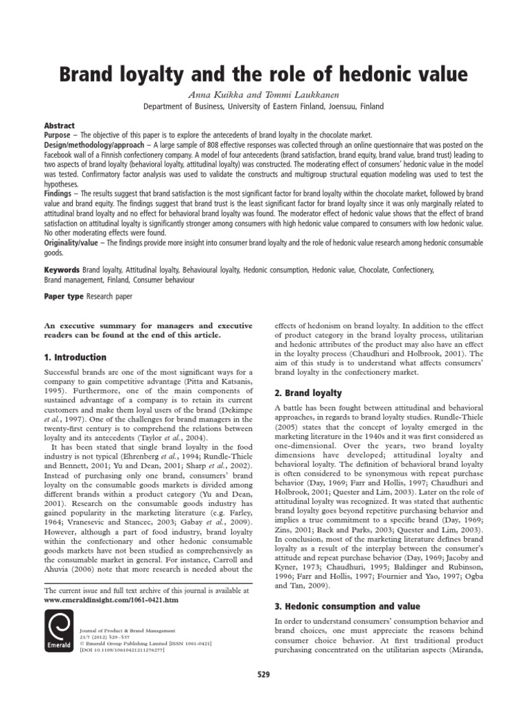 Hedonic Value's Impact on Brand Loyalty | PDF | Brand | Internal ...