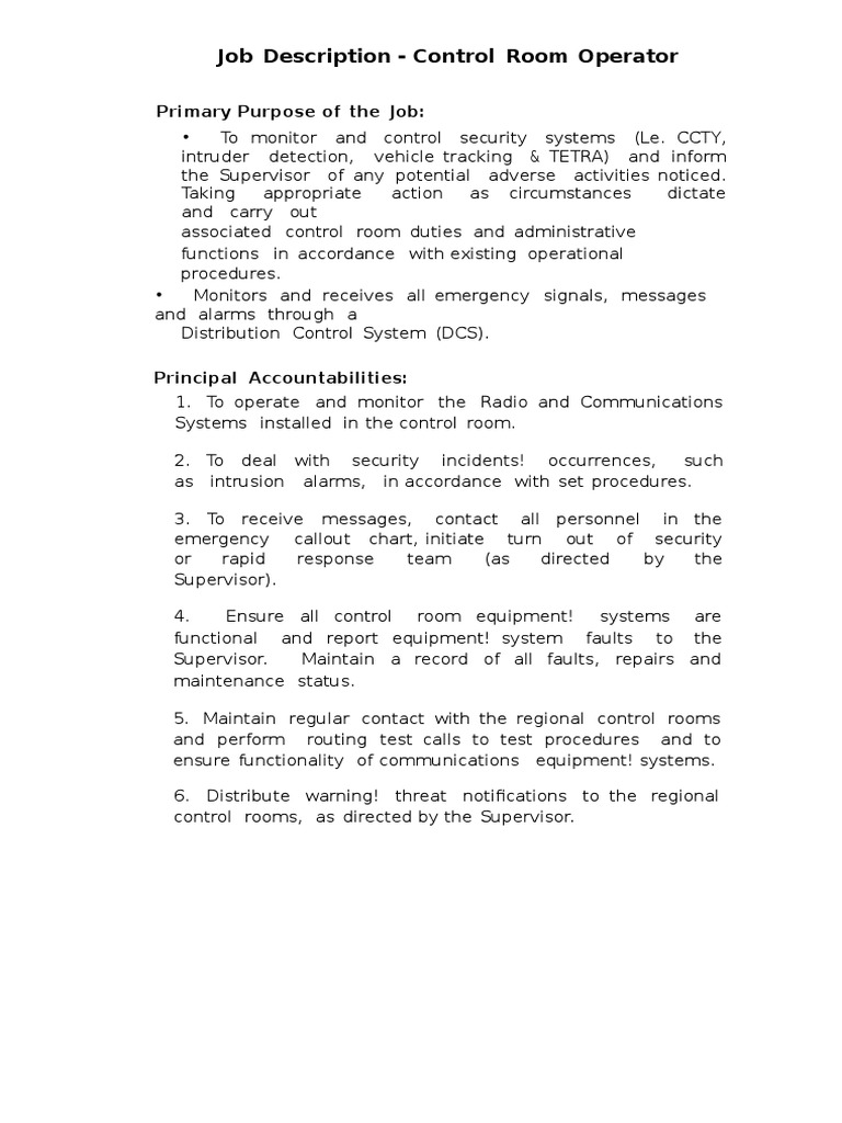 Control Room Operator Job Description | PDF | Security Alarm | National ...