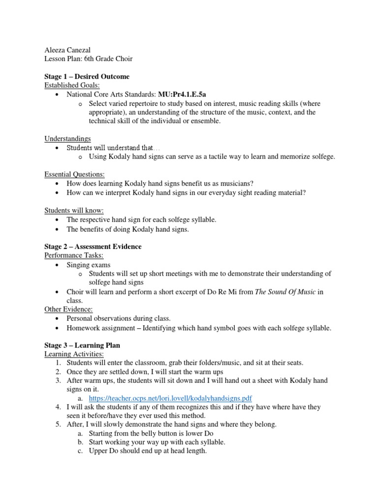 Aleeza Canezal Kodaly Hand Sign Lesson Plan | PDF | Homework | Lesson Plan