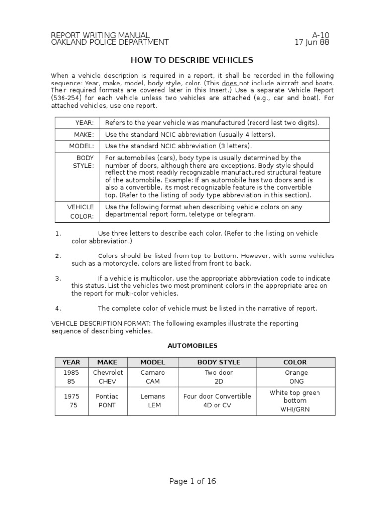 Police Vehicle Report Guide | PDF | Provinces And Territories Of Canada ...