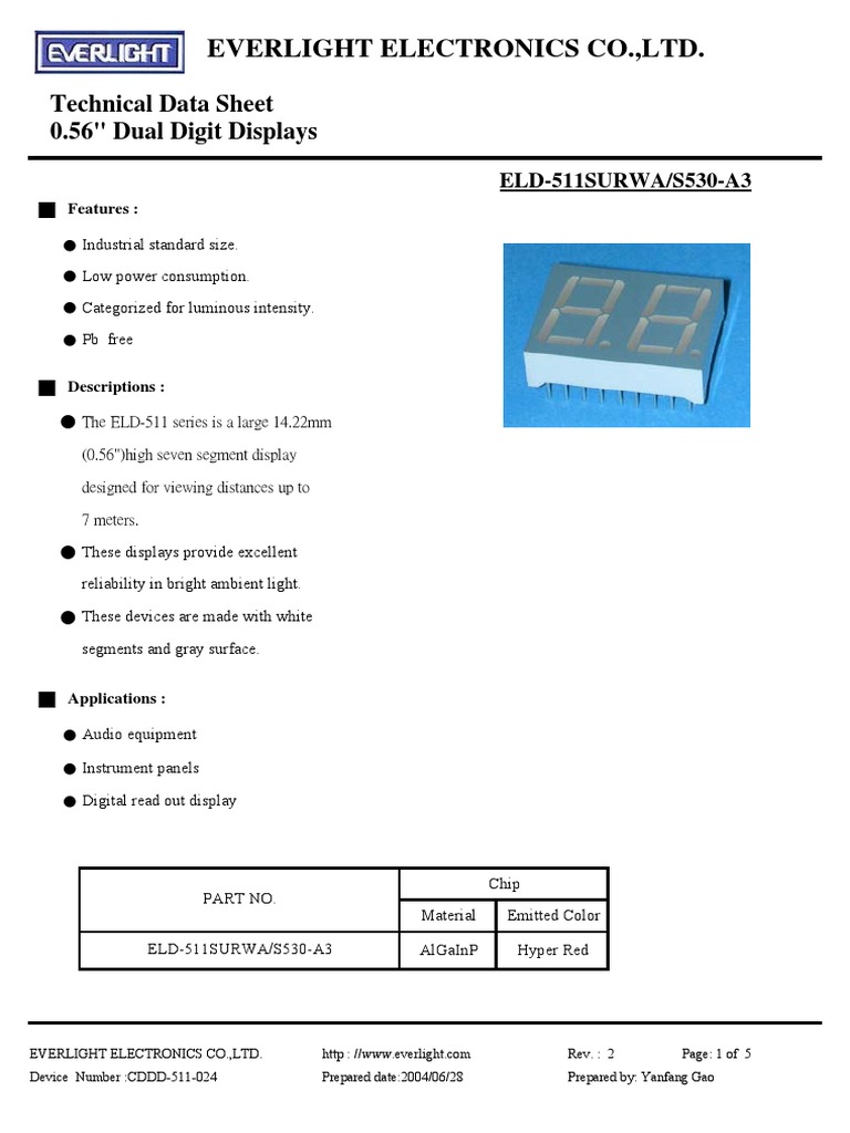 Everlight Electronics Co.,Ltd.: Technical Data Sheet 0.56" Dual Digit Displays | PDF ...