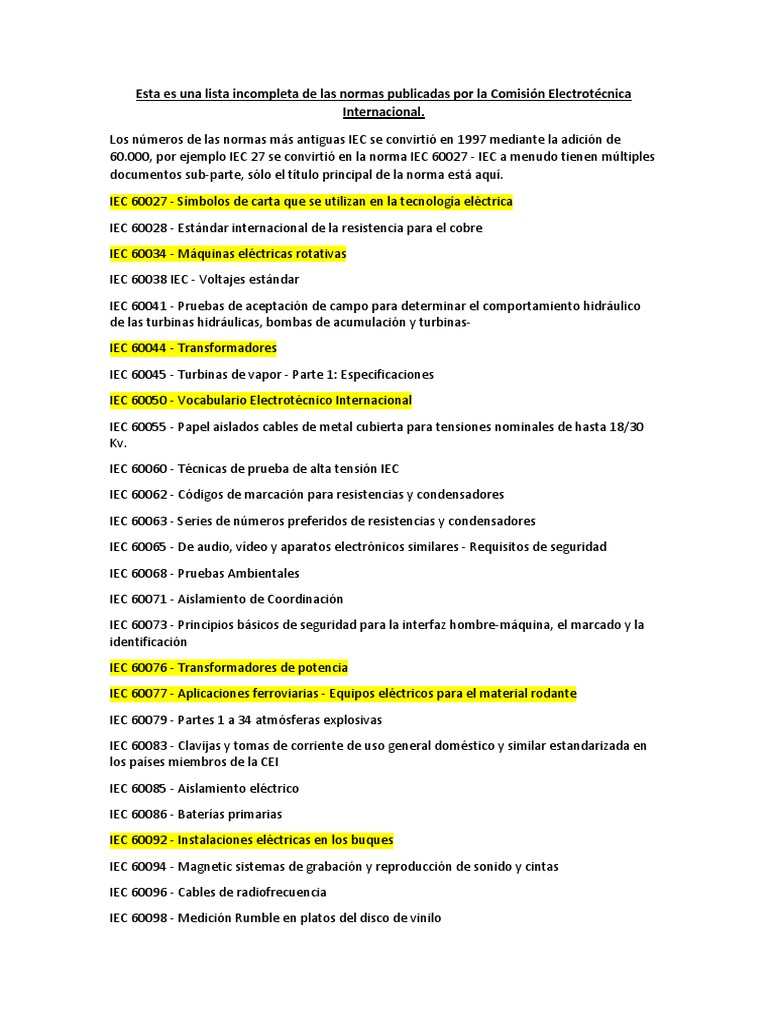 Normas Iec - Lista | PDF | Corriente eléctrica | Comisión ...