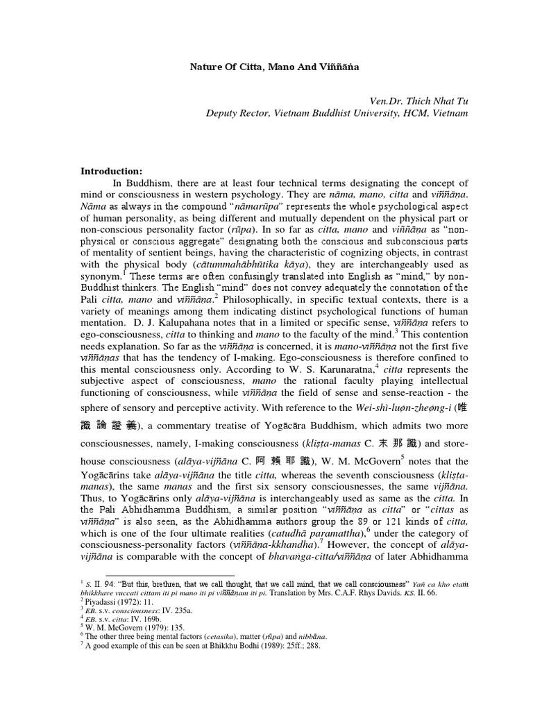 Nature of Mano, Citta, Vinnana | PDF | Consciousness | Mind