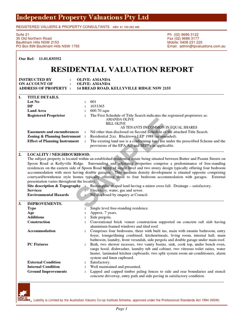 Residential Valuation Sydney Sample | PDF | Real Estate Appraisal ...