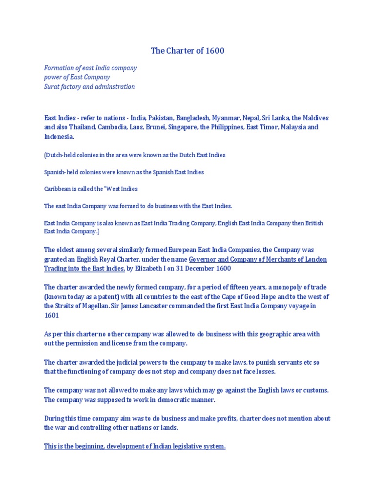 The Charter of 1600 | PDF | East India Company | Government