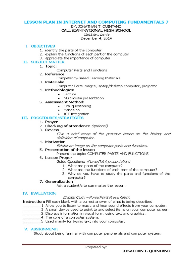Computer Parts and Functions Lesson Plan | PDF