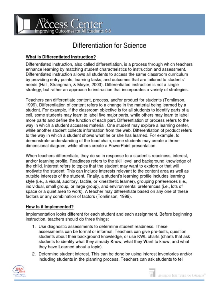 Science Differentiation Brief | PDF | Differentiated Instruction ...