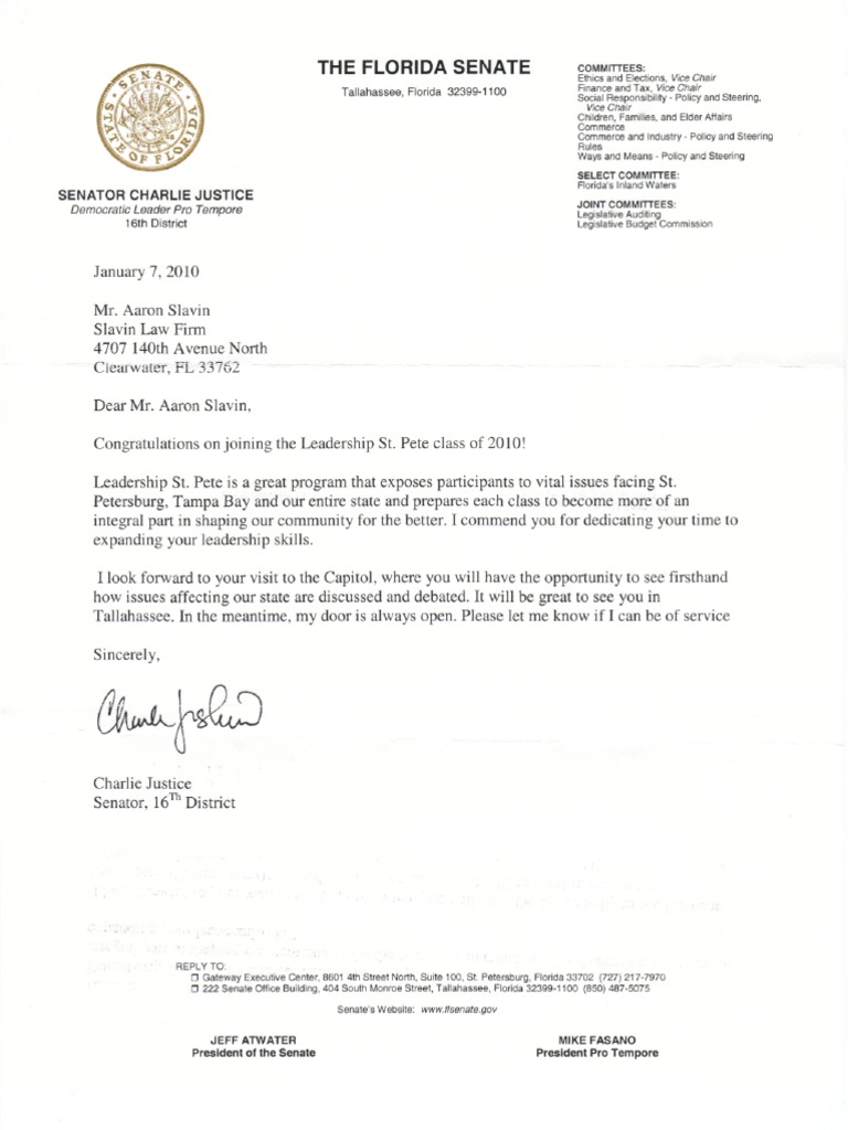 Florida Senate Commendation Letter For Aaron Slavin | PDF | United ...