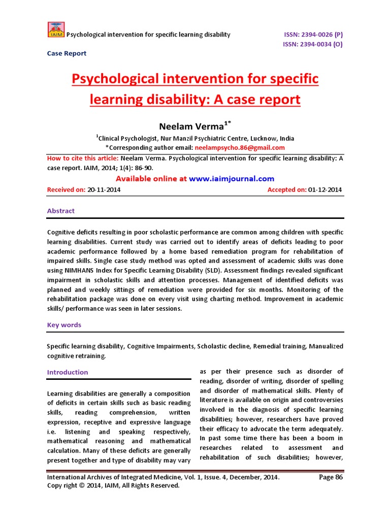 Psychological Intervention For Specific Learning Disability: A Case ...