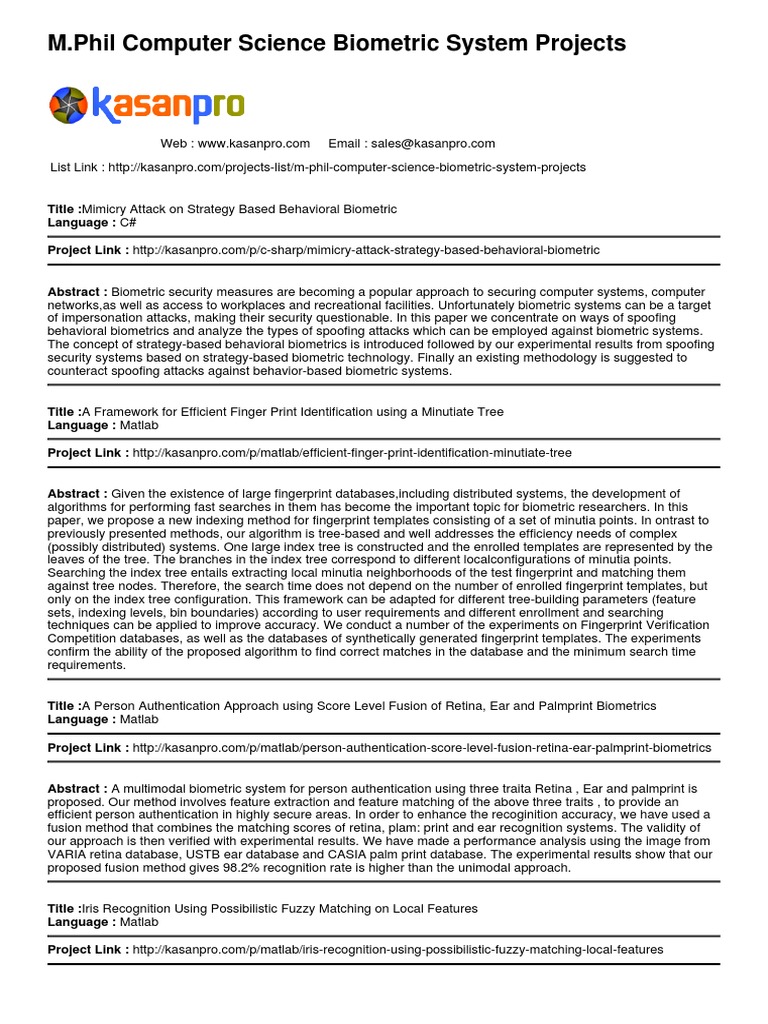 M.Phil Computer Science Biometric System Projects | PDF | Biometrics | Database Index