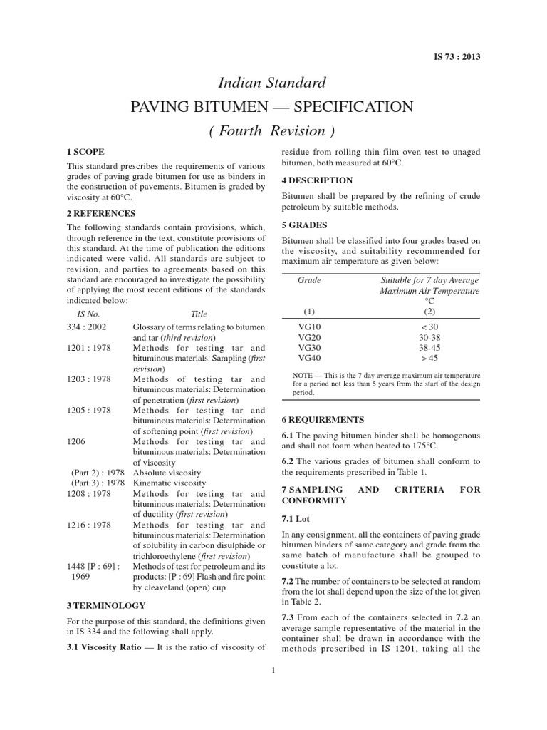 Paving Bitumen - Specification: Indian Standard | PDF | Asphalt | Nature