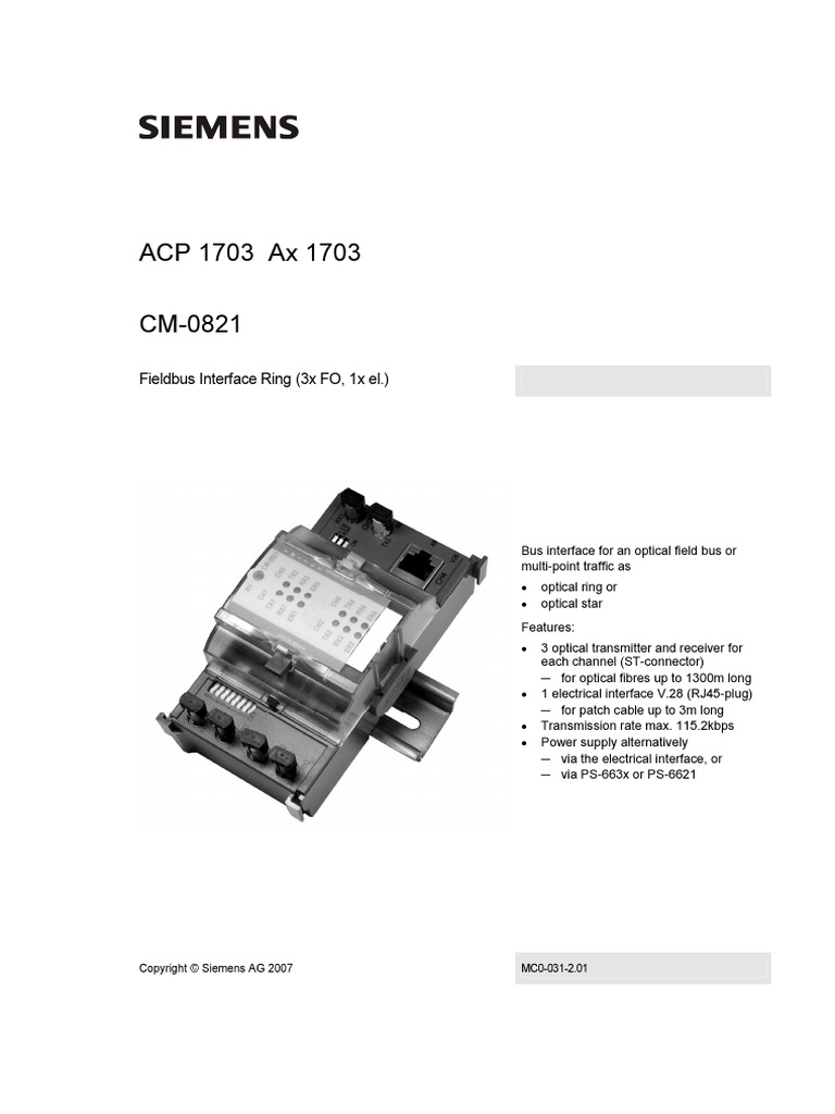 ACP 1703 Ax 1703 CM-0821: Fieldbus Interface Ring (3x FO, 1x El.) | PDF ...