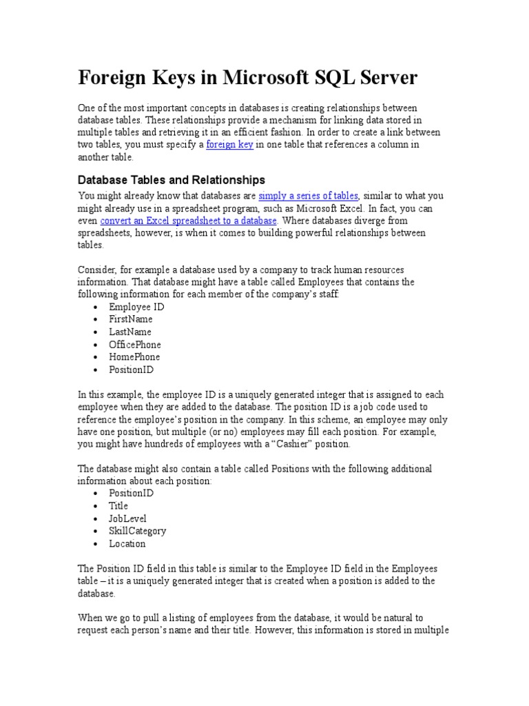 Foreign Keys in Microsoft SQL Server | PDF | Databases | Information ...
