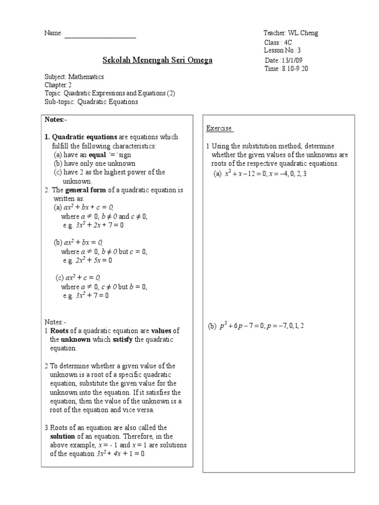 Chapter 2 Quadratic Expressions and Equations (2) - 4C | PDF | Area ...