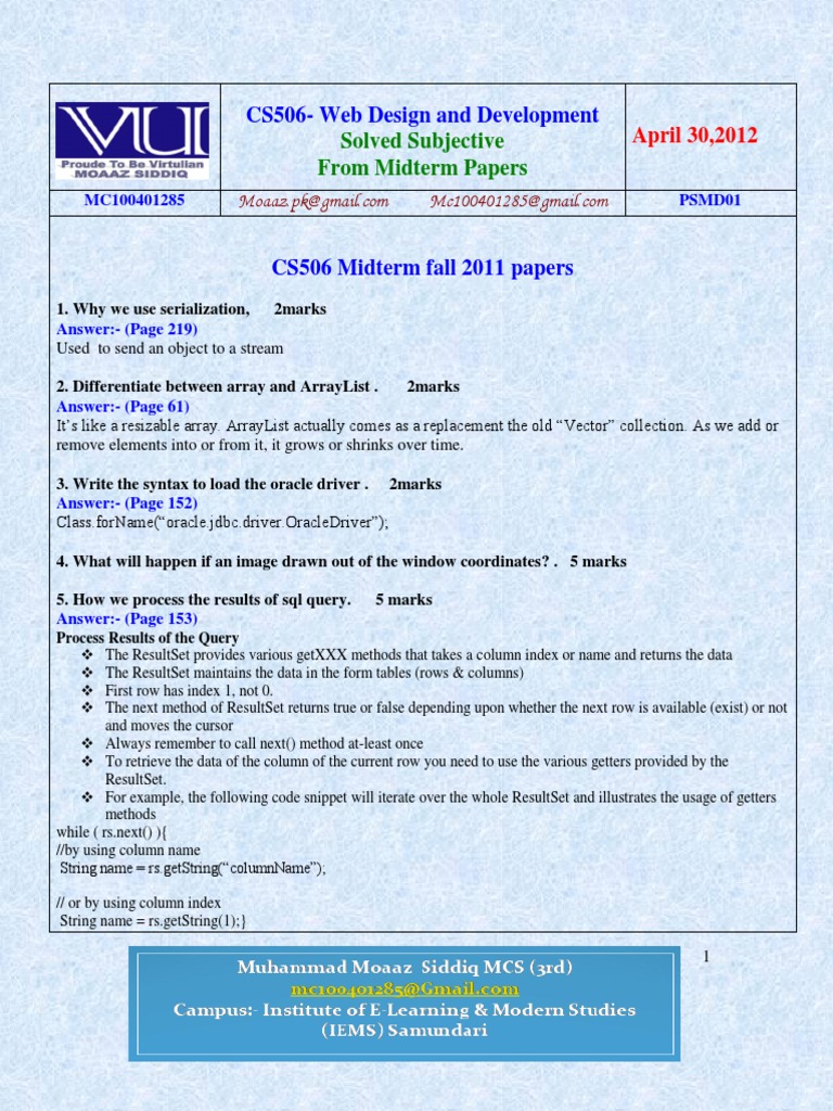 Cs506 Midterm Solved Subjectives by Moaaz | PDF | Class (Computer Programming) | Method ...