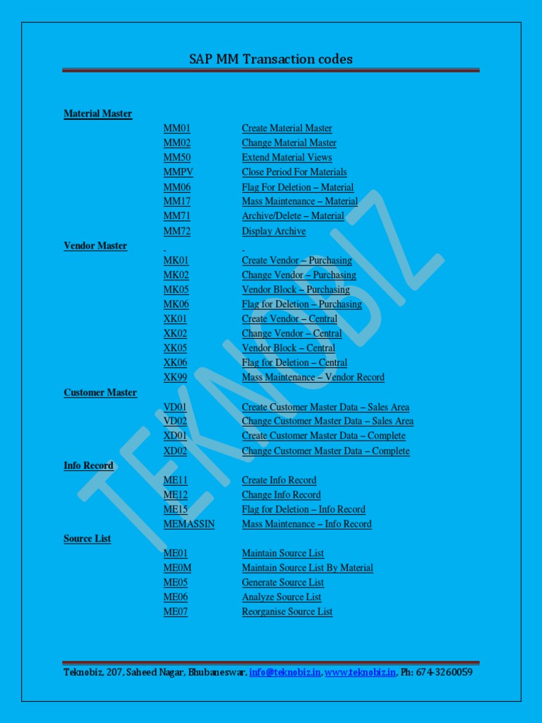Sap Mm Tcodes | Invoice | Service Industries