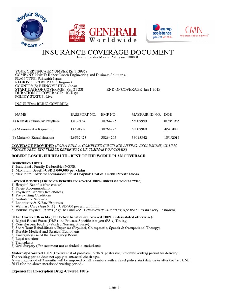 Insurance Coverage Document: Procedures, Etc Please Refer To Your ...